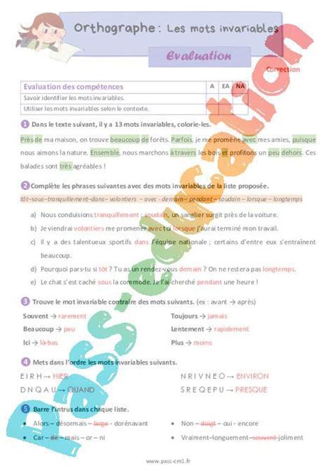 Les mots invariables Évaluation dorthographe pour le cm1 PDF à