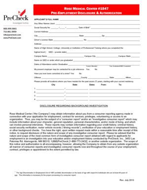 Fillable Online Rose Medical Center 1547 Pre Employment Disclosure
