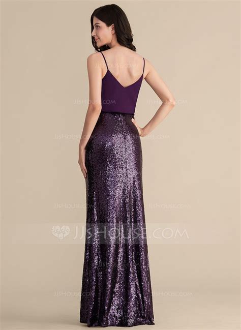 Sequined Bridesmaid Dress Sheath Column V Neck Floor Length