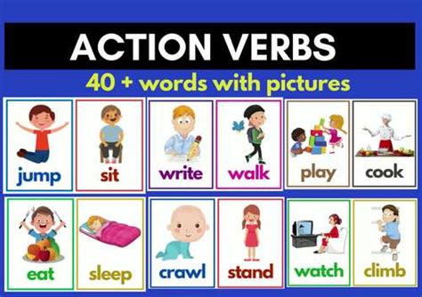Action Verbs 40 Words With Pictures Flash Cards Bulletin Board