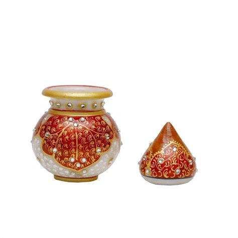 Multicolor Decorative Round Marble Kalash For Pooja Red Puja Lota With