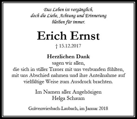 Traueranzeigen Von Erich Ernst Vrm Trauer De