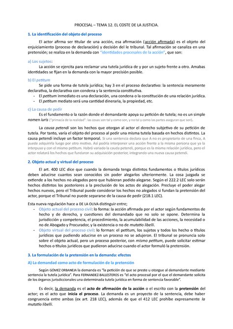 Resumen Tema 12 Procesal Natalia PROCESAL TEMA 12 EL COSTE DE LA