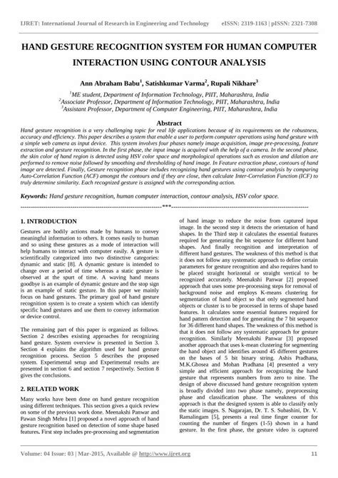 pdf hand gesture recognition system for human computer interaction using contour analysis
