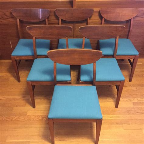 Mid Century Modern Walnut Dining Chairs With Teal Upholstery Set Of 6