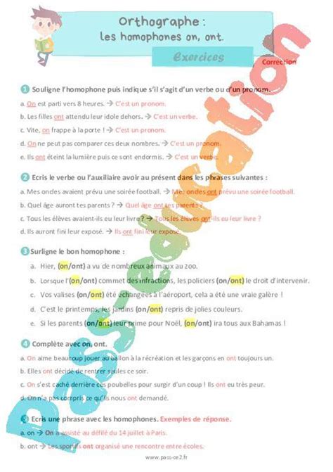 Les Homophones Grammaticaux On Ont Exercices Dorthographe Pour Le