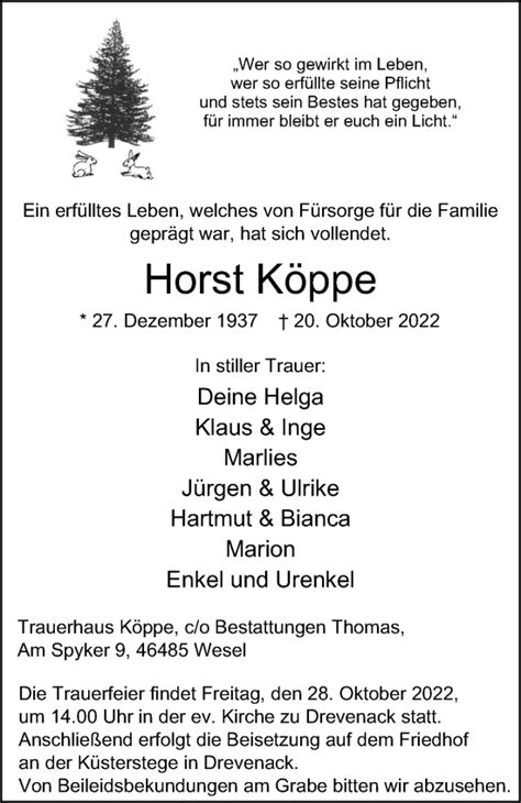 Traueranzeigen Von Horst K Ppe Trauer In Nrw De