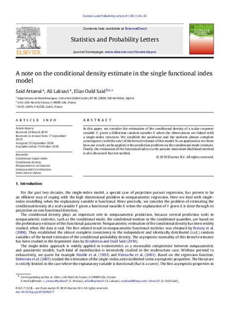 pdf a note on the conditional density estimate in the single functional index model said