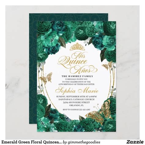 Emerald Green Floral Quinceanera Birthday Invitation Zazzle Green
