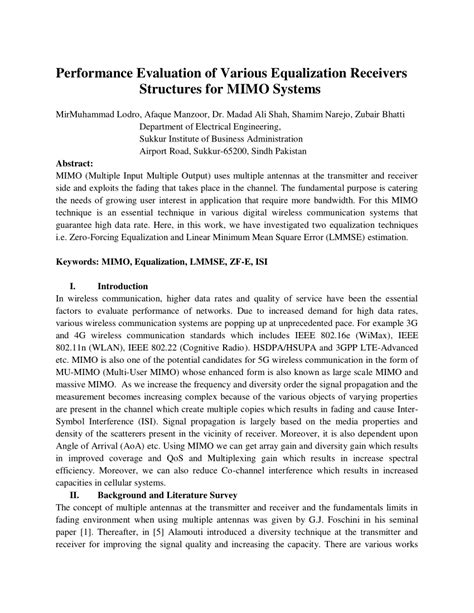 pdf performance evaluation of various equalization receivers structures for mimo systems