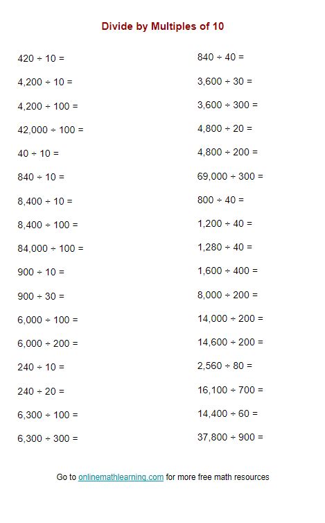 Divide By Multiples Of 10 Worksheets Printable Online