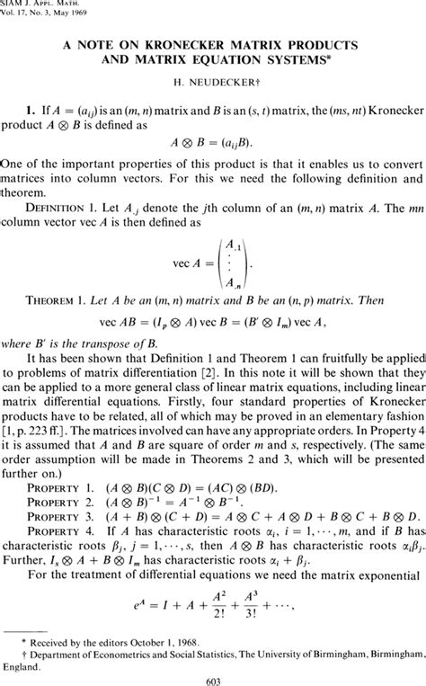 a note on kronecker matrix products and matrix equation systems siam journal on applied