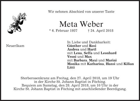 Traueranzeigen Von Meta Weber Trauer Merkur De