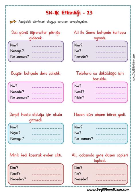 1 Sınıf 5N1K ve Kısa Okuma Anlama Metinleri Seyit Ahmet Uzun