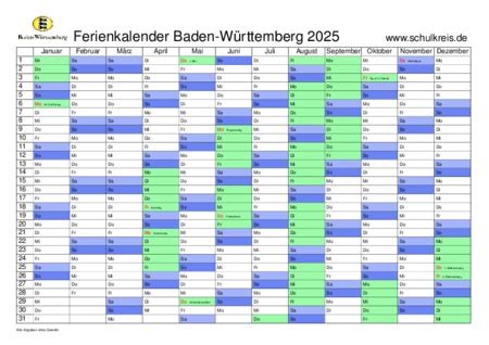 Kalender 2025 Baden Württemberg BW zum Ausdrucken kostenlos online