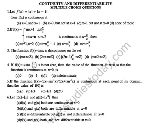 cbse class 12 mathematics continuity and differentiability mcqs multiple choice questions