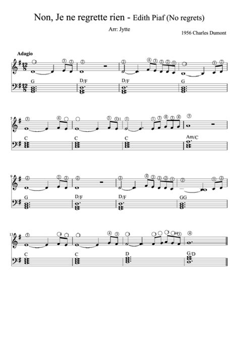 Non Je Ne Regrette Rien Edith Piaf No Regrets Piano Sheet Music