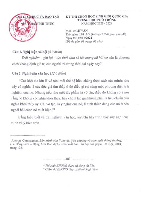 Đề thi chọn học sinh giỏi Quốc gia THPT môn Ngữ Văn năm 2023 2024