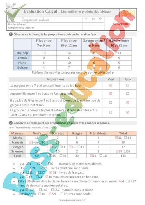 Lire Utiliser Et Produire Un Tableau Au CM1 Evaluation QCM Quiz