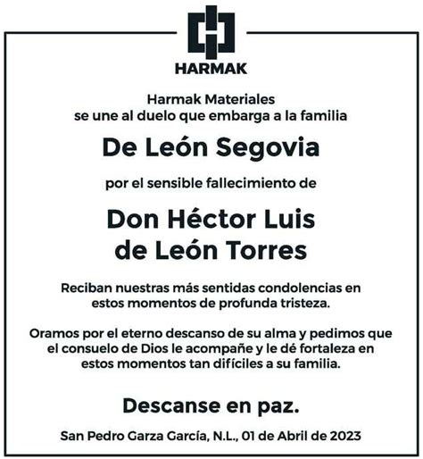 Sr Héctor Luis de León Torres Obituario Esquela