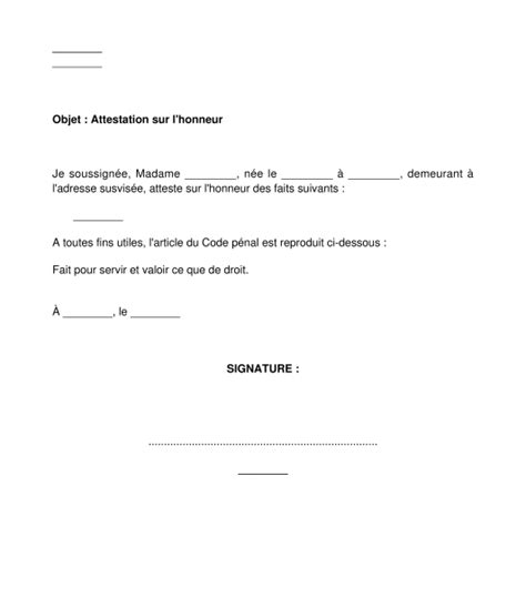 Exemple De Lettre Attestation Sur L Honneur