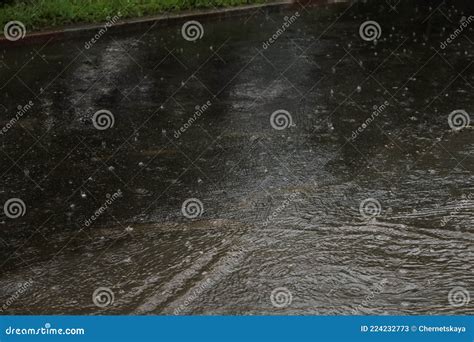 View Of Heavy Pouring Rain On City Street Stock Image Image Of