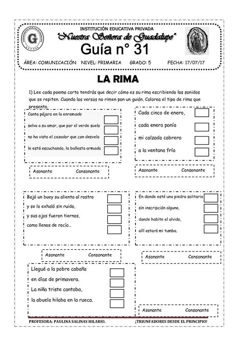 La Rima Tipos De Texto Clases De Rima Actividades De Poes A