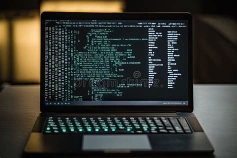 ai generated hacker laptop with binary computer code internet and network security stock