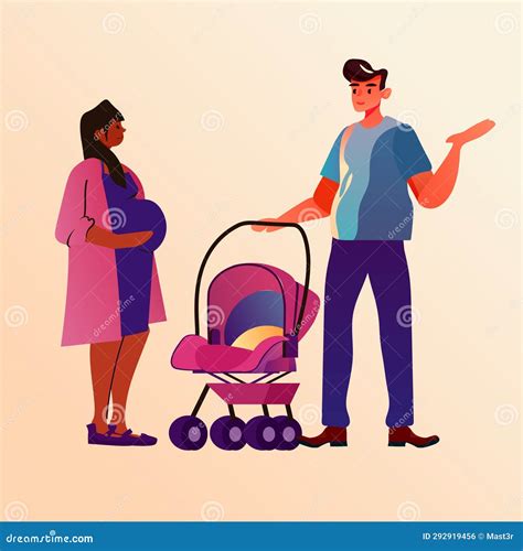Happy Pregnant Woman Future Mom And Man With Stroller Discussing During
