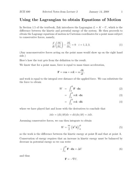 using the lagrangian to obtain equations of motion