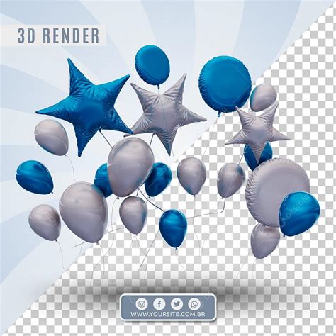 Elemento 3D Balões Azul e Branco Formatos De Estrela e Círculo Para