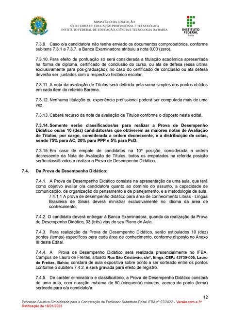 Retificação do Edital IFBA nº 07 2022 processo seletivo simplificado