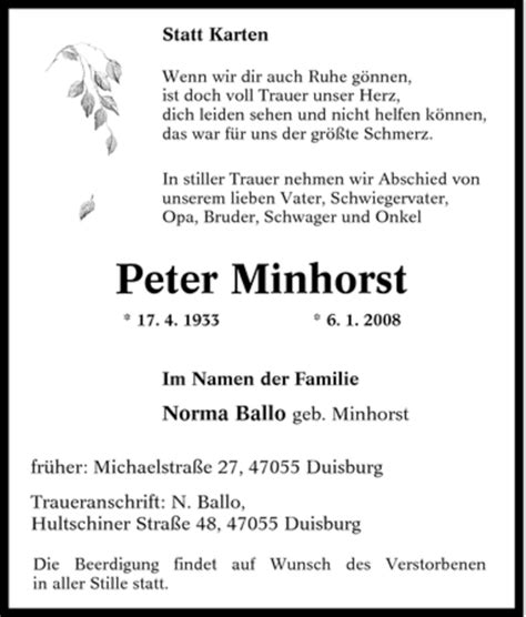 Traueranzeigen Von Peter Minhorst Trauer In NRW De