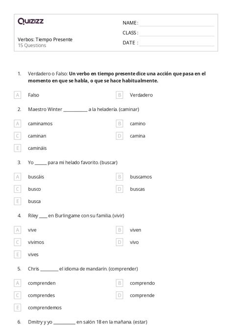 50 Verbos En Tiempo Presente Hojas De Trabajo En Quizizz Gratis E