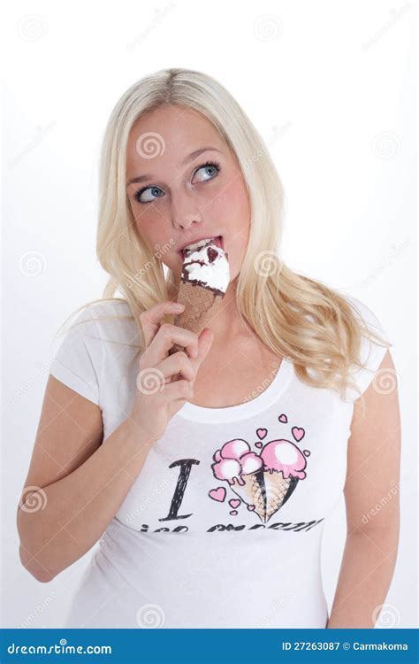 Blond Woman Licks Ice Cream Stock Image Image Of Blond Girl 27263087