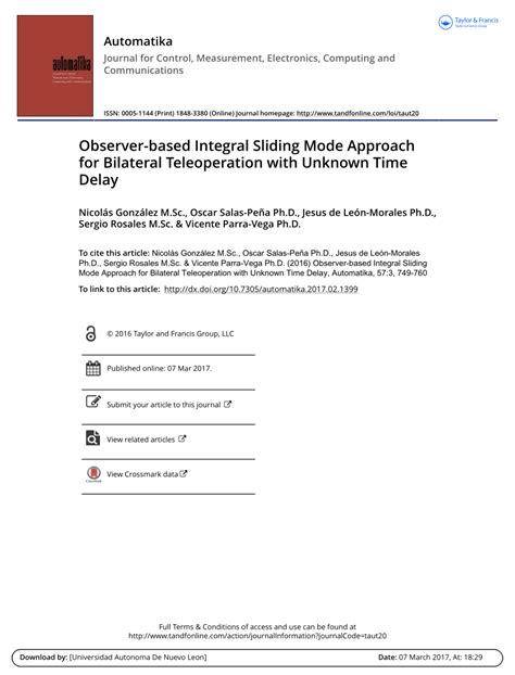 pdf observer based integral sliding mode approach for bilateral teleoperation with unknown