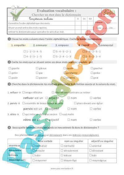 Chercher Un Mot Dans Le Dictionnaire Au Cm2 Evaluation QCM Quiz