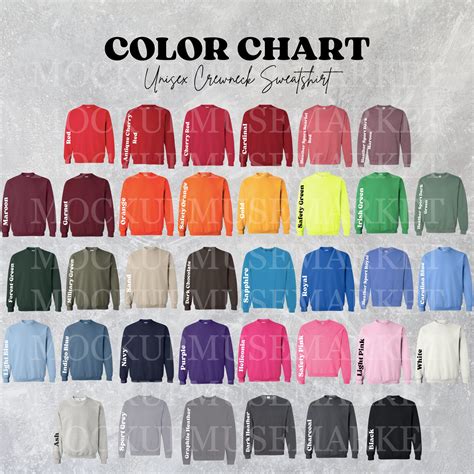 Gildan 18000 G180 Color Chart Editable Color Chart G180 Mockup Color