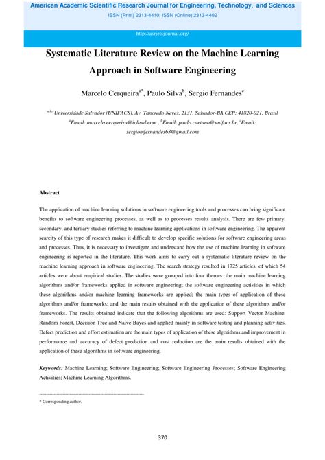 pdf systematic literature review on the machine learning approach in software engineering