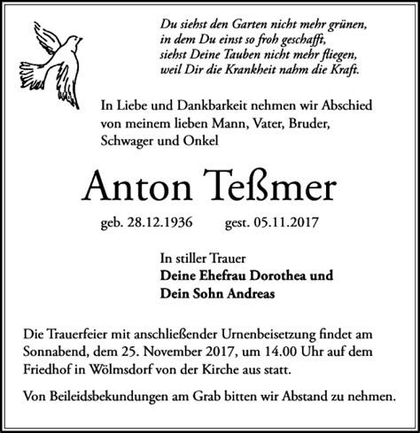Traueranzeigen von Anton Teßmer trauer anzeigen de