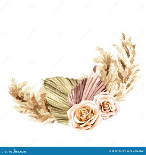 Dried Rose Flowers Pampas Grass And Palm Leaves Frame Hand Drawn