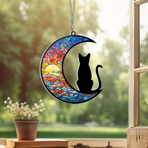 Stained Glass Black Cat On The Moon Acrylic Hanging Sign TQN1738TDH
