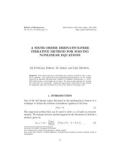 a sixth order derivative free iterative method for solving nonlinear equations