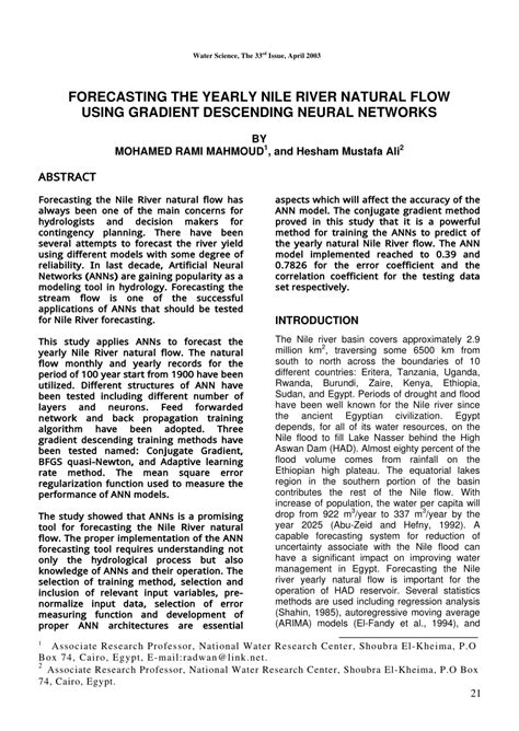 pdf forecasting the yearly nile river natural flow using gradient descending neural networks