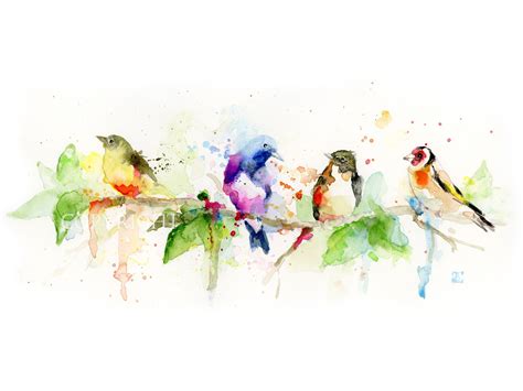 BIRDS On A Branch Painting Colorful Watercolor Print Limited Edition