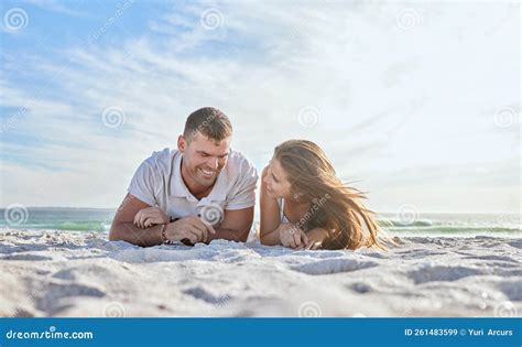 Love Couple And Laying On Sand At Beach Happy And Bonding On Vacation