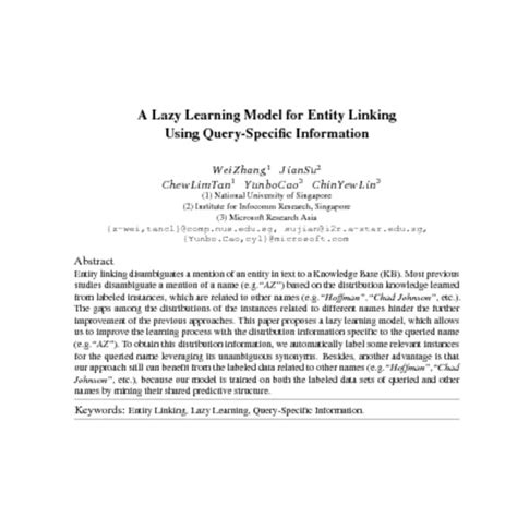 a lazy learning model for entity linking using query specific information acl anthology
