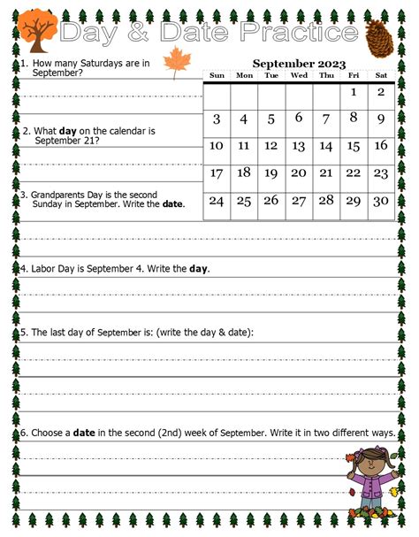Calendar Practice Worksheet September 2023 FREE Fall Autumn Back To