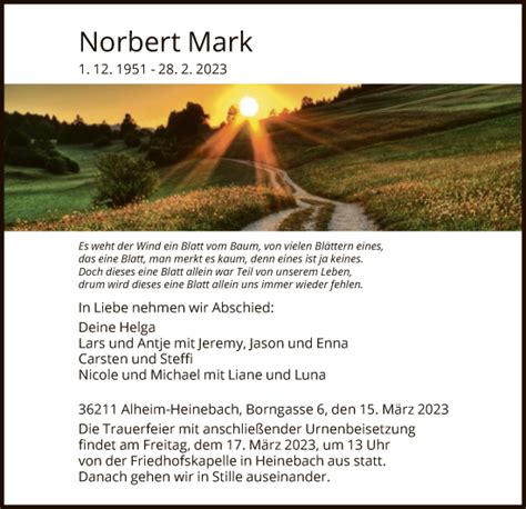Traueranzeigen Von Norbert Mark Trauer HNA De