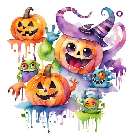 Premium Photo Watercolor Halloween Monsters Clipart Generative Ai